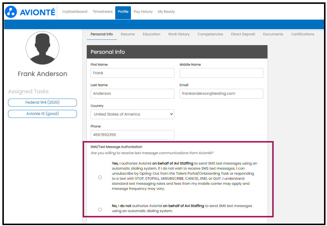 Set Up and Use Text Message Consent – Avionte Bold