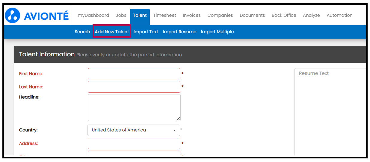 Creating New Applicants/Talent – Avionte Bold