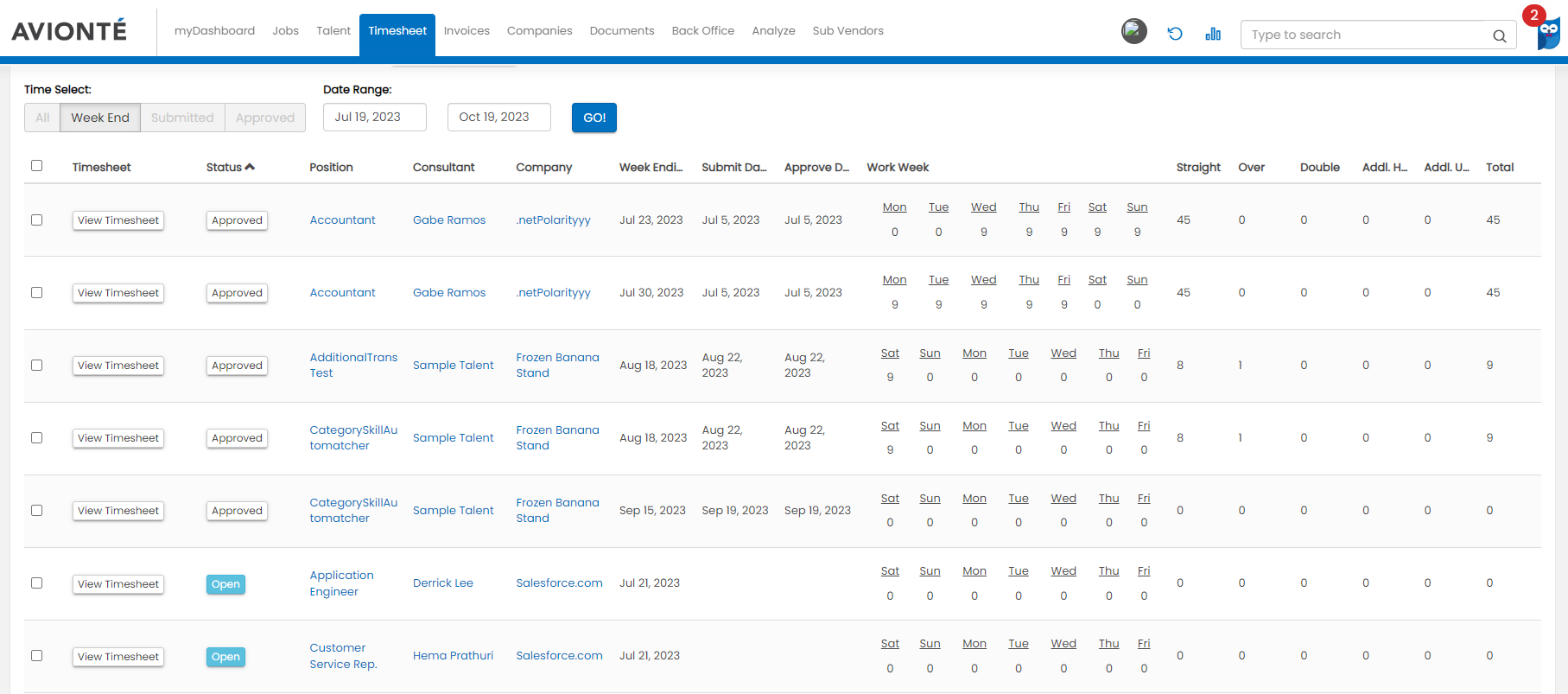 Timesheet Views – Avionte Bold