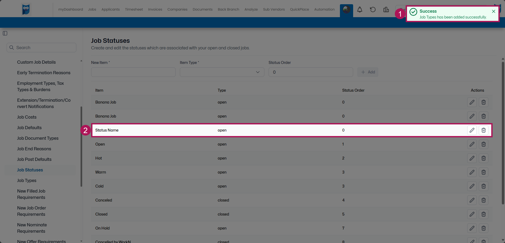 Set up Job Statuses (Table Editor) – Avionte Bold