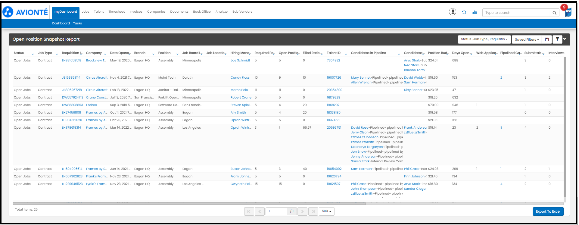 Open Position Snapshot Report – Avionte Bold