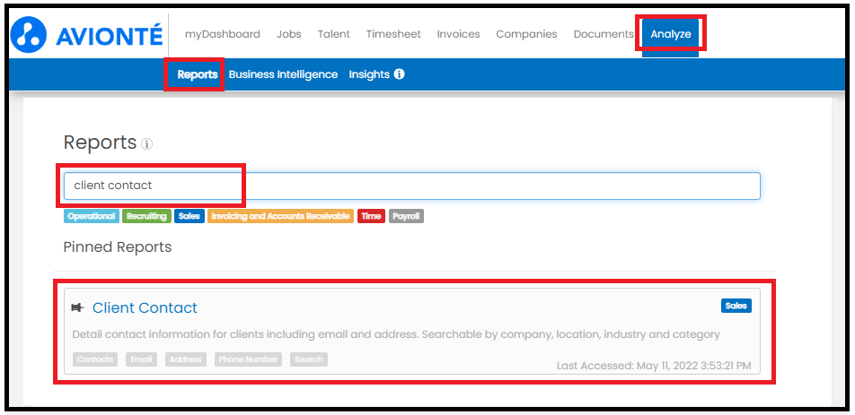 Client Contact Report – Avionte Bold