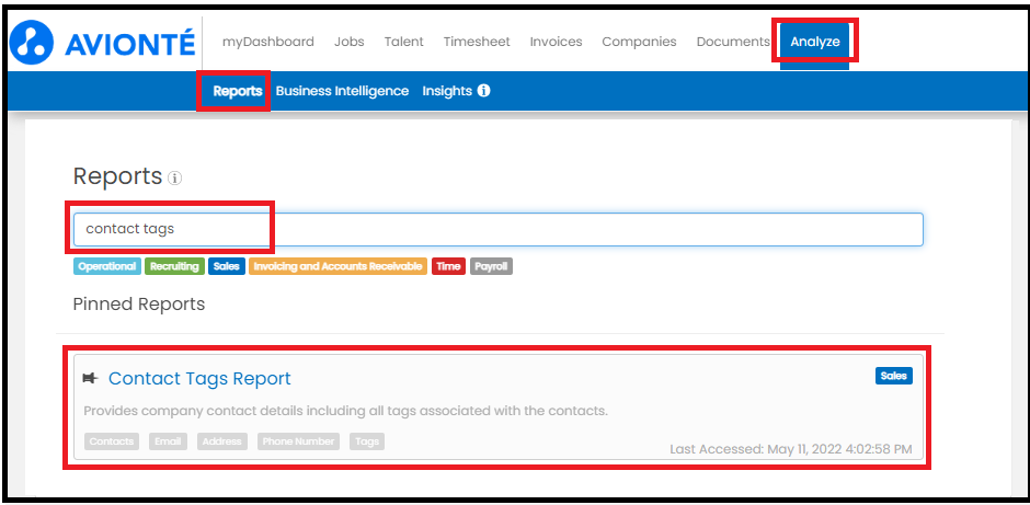 Contact Tags Report – Avionte Bold